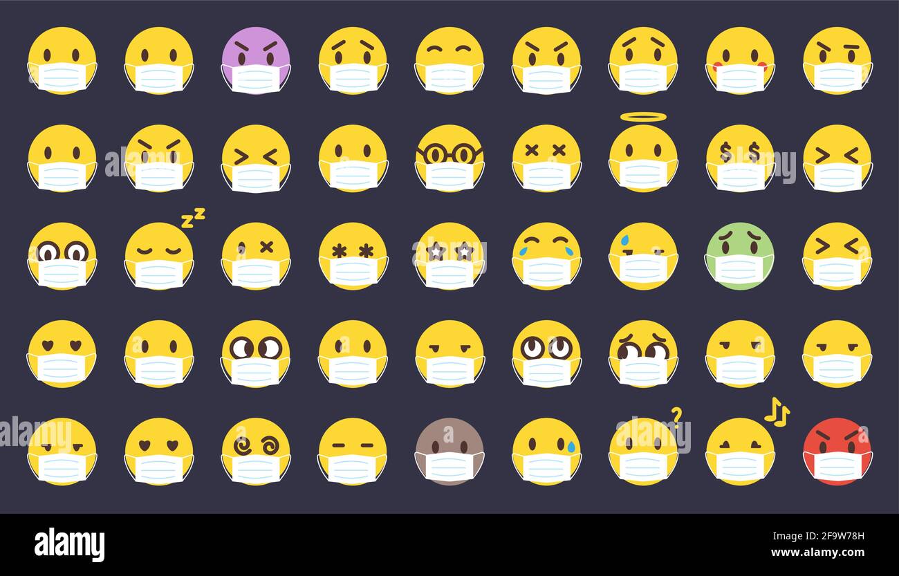 Cartoon coronavirus emoji set in medical masks. Vector yellow emoticon ...