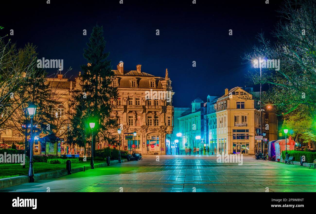 RUSE, BULGARIA, MARCH 25, 2015: night view of the illuminated main ...