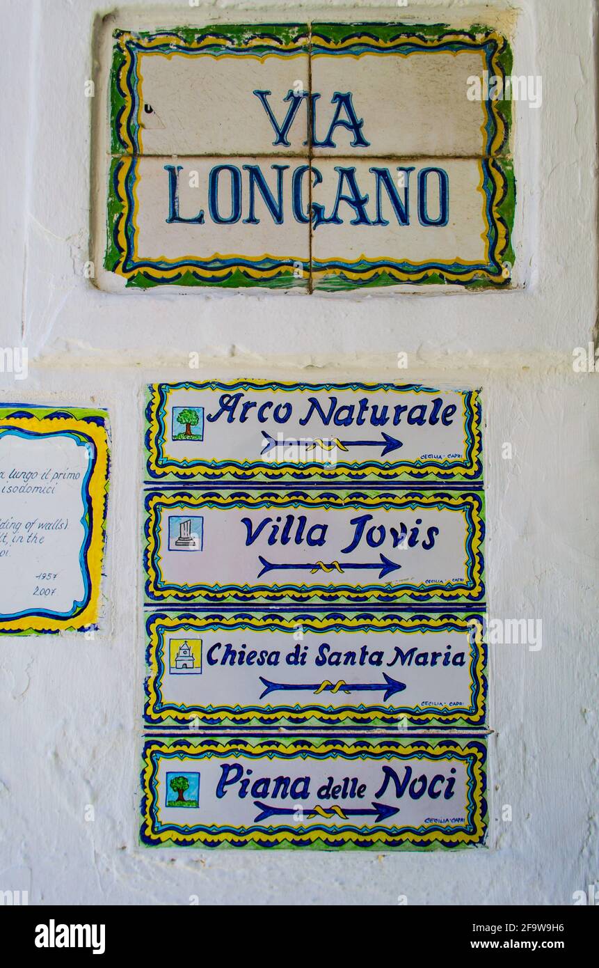 CAPRI, ITALY, MAY 8, 2014: Typical ceramic signs showing direction to ...