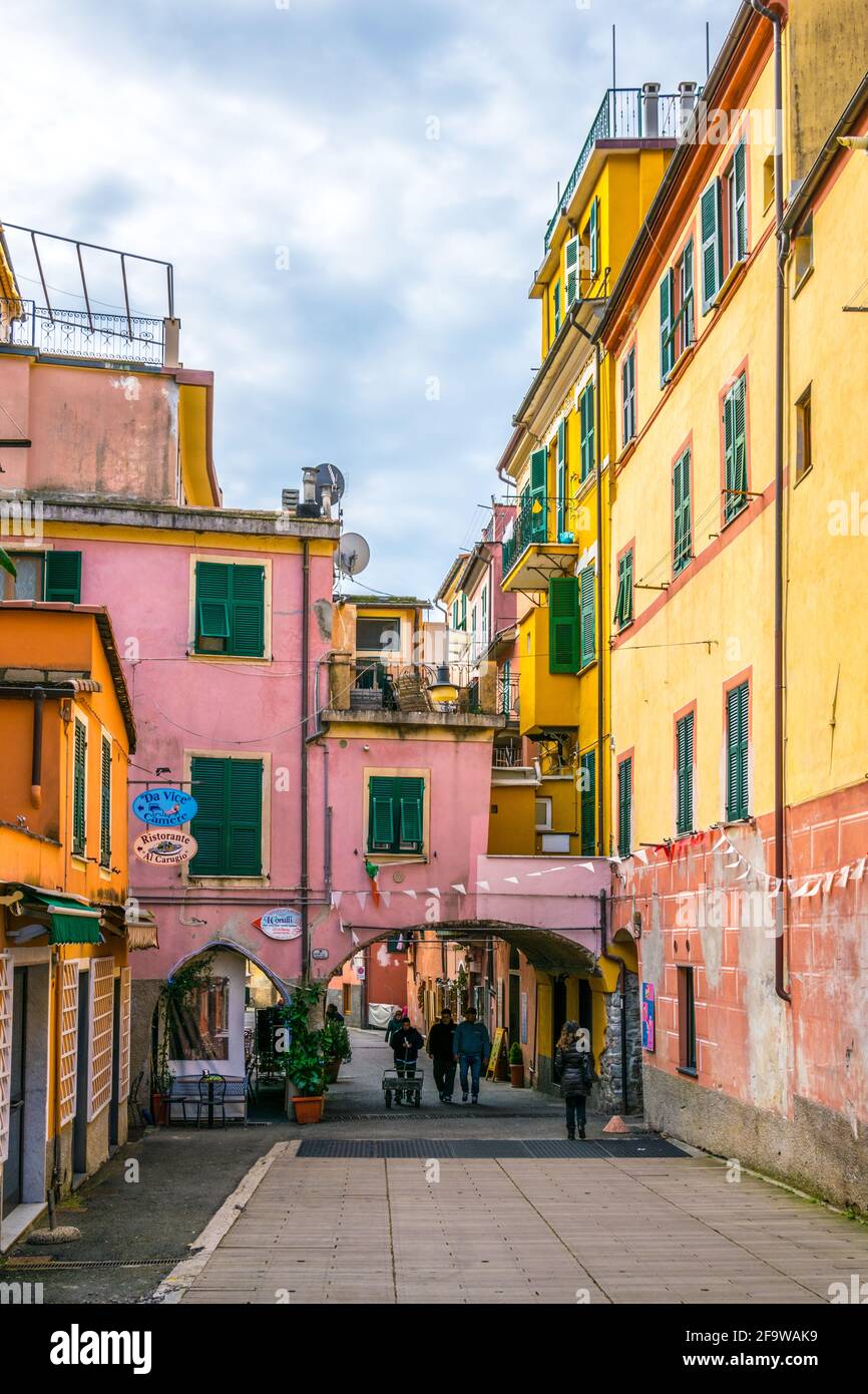 MONTEROSSO, ITALY, MARCH 13, 2016: view of a narrow street waiting for ...