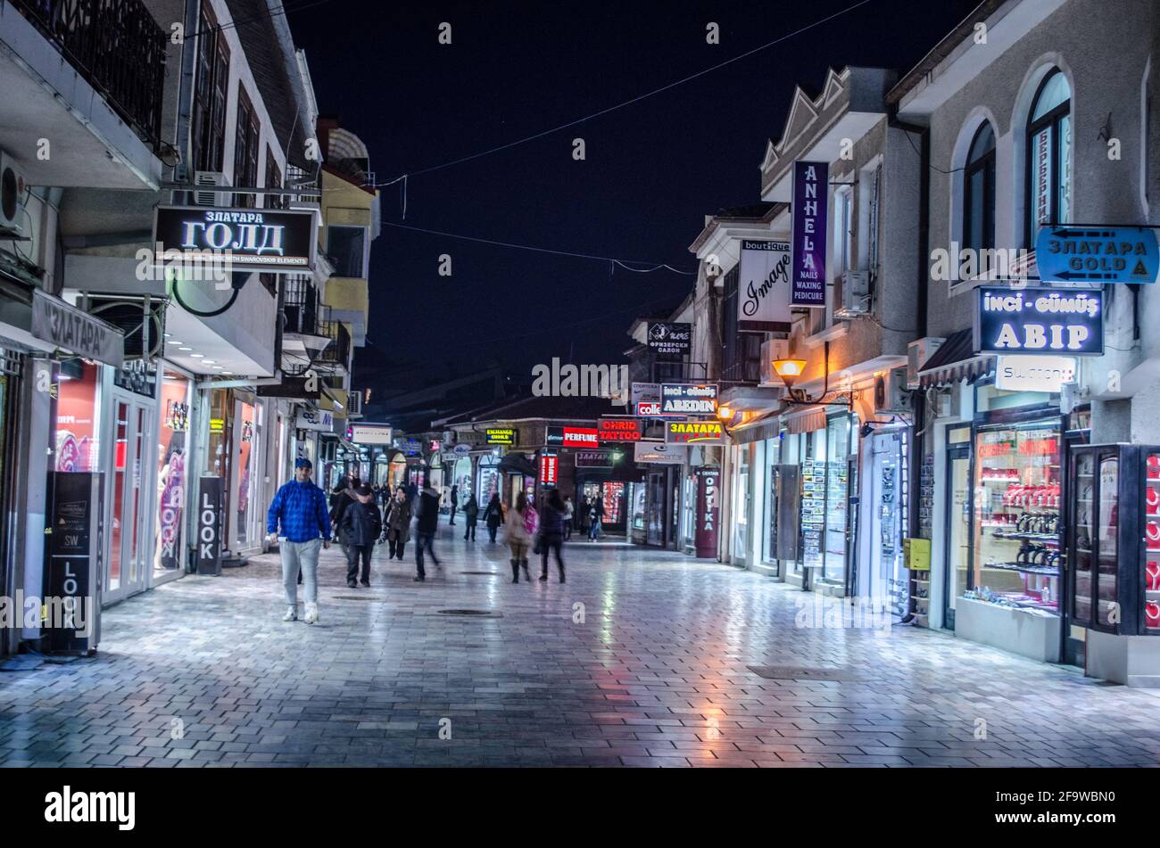 OHRID, MACEDONIA, FEBRUARY 14, 2015: night view over illuminated main ...