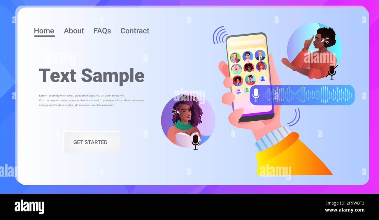 mix race people communicating by voice messages audio chat application ...