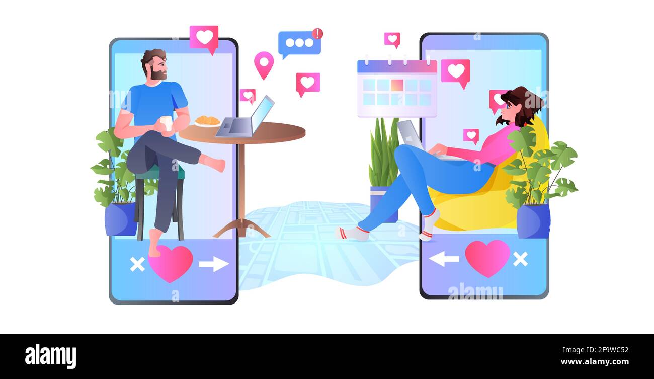 couple in love using mobile dating app man woman chatting during ... couple in love using mobile dating app man woman chatting during ...