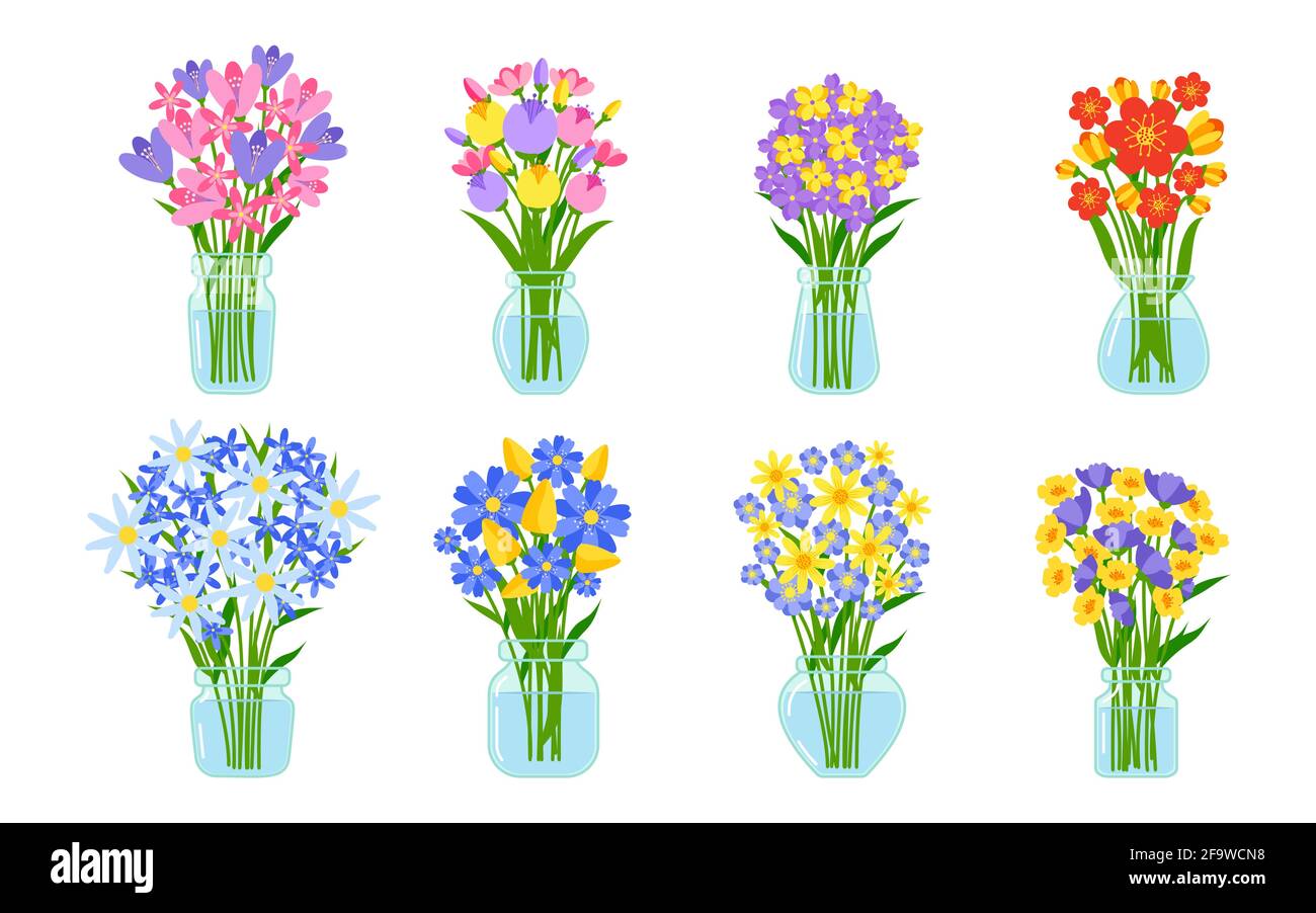 Set of fresh flower bouquets in a glass jar with water. Color summer bunches in flat cartoon ...