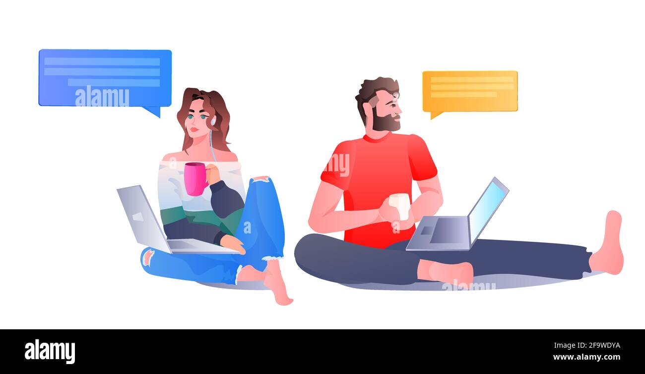 people chatting in computer app on laptops chat bubble communication ...