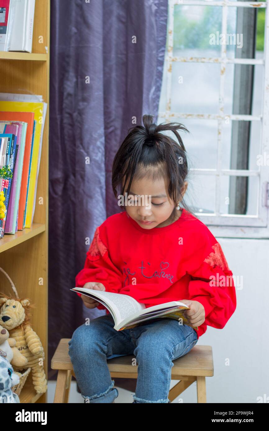 Vertical shot of a cute Southeast Asian baby girl reading a book Stock ...
