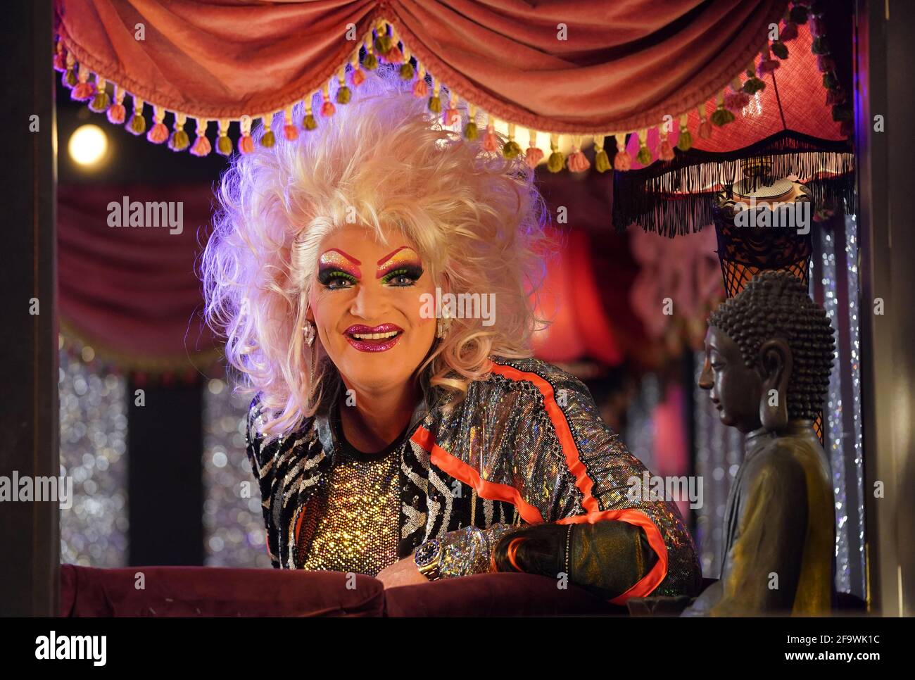 Hamburg, Germany. 15th Apr, 2021. Drag queen Olivia Jones sits in her ...