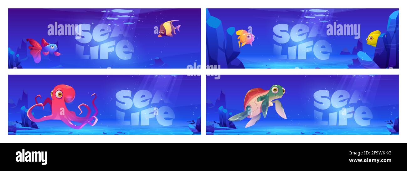 Sea life cartoon banners with underwater fishes and animals turtle and ...