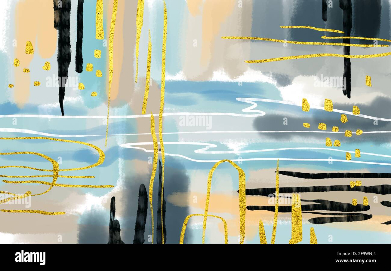Abstract illustration, black, white and yellow lines on mottled pastel ...