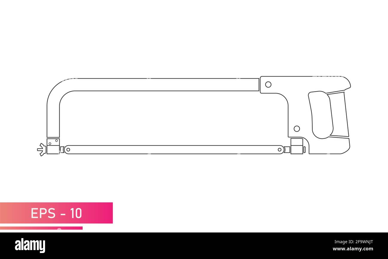 Metal hacksaw, with a convenient handle. Linear design. On a white ...