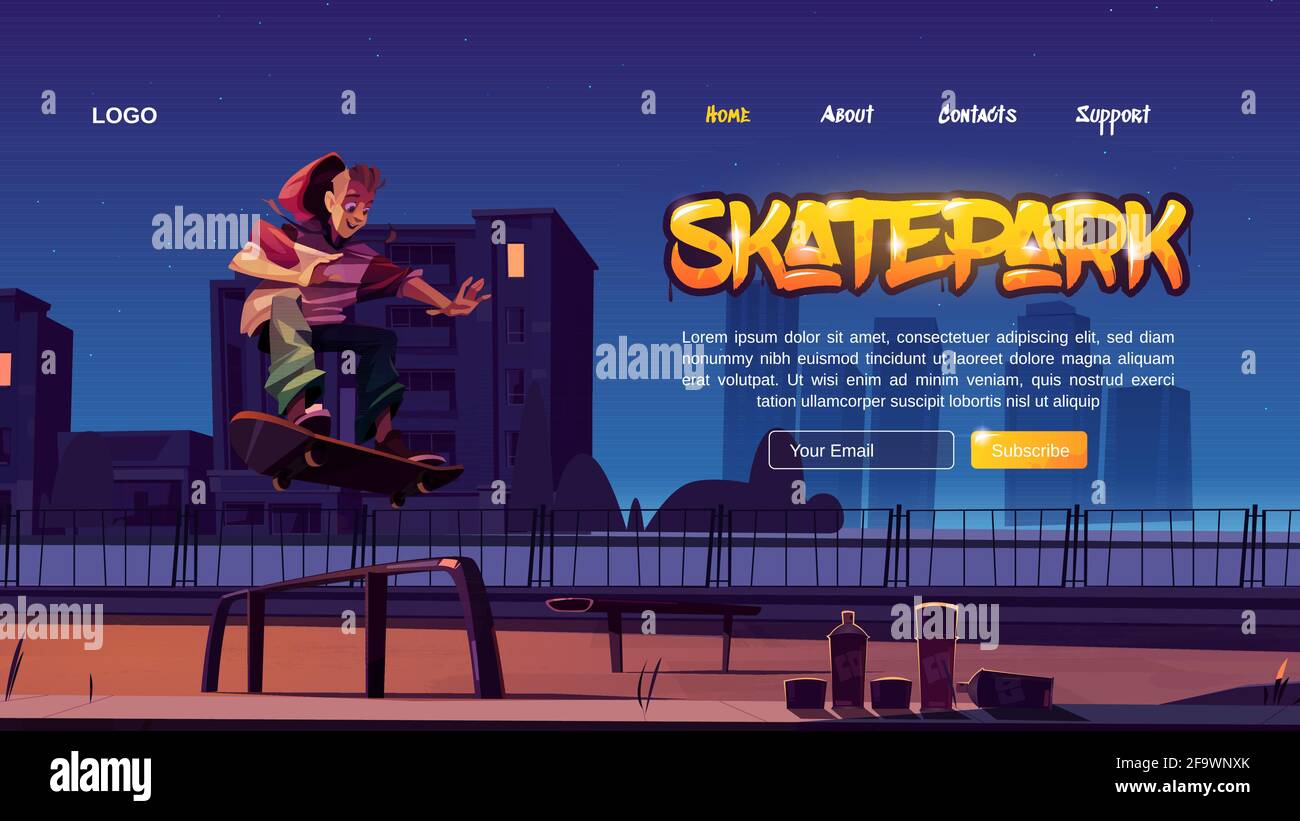 Skatepark cartoon landing page with teenager in night skate park ...