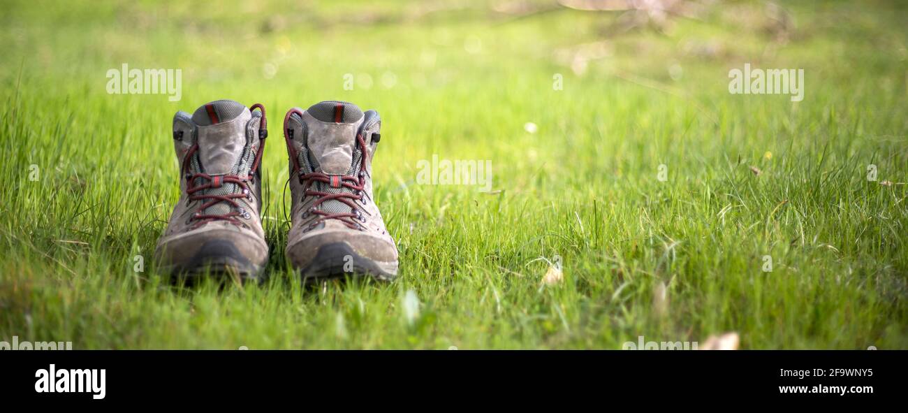 Hiking boots in the forest. Rest after a long trekking walk. Healthy ...