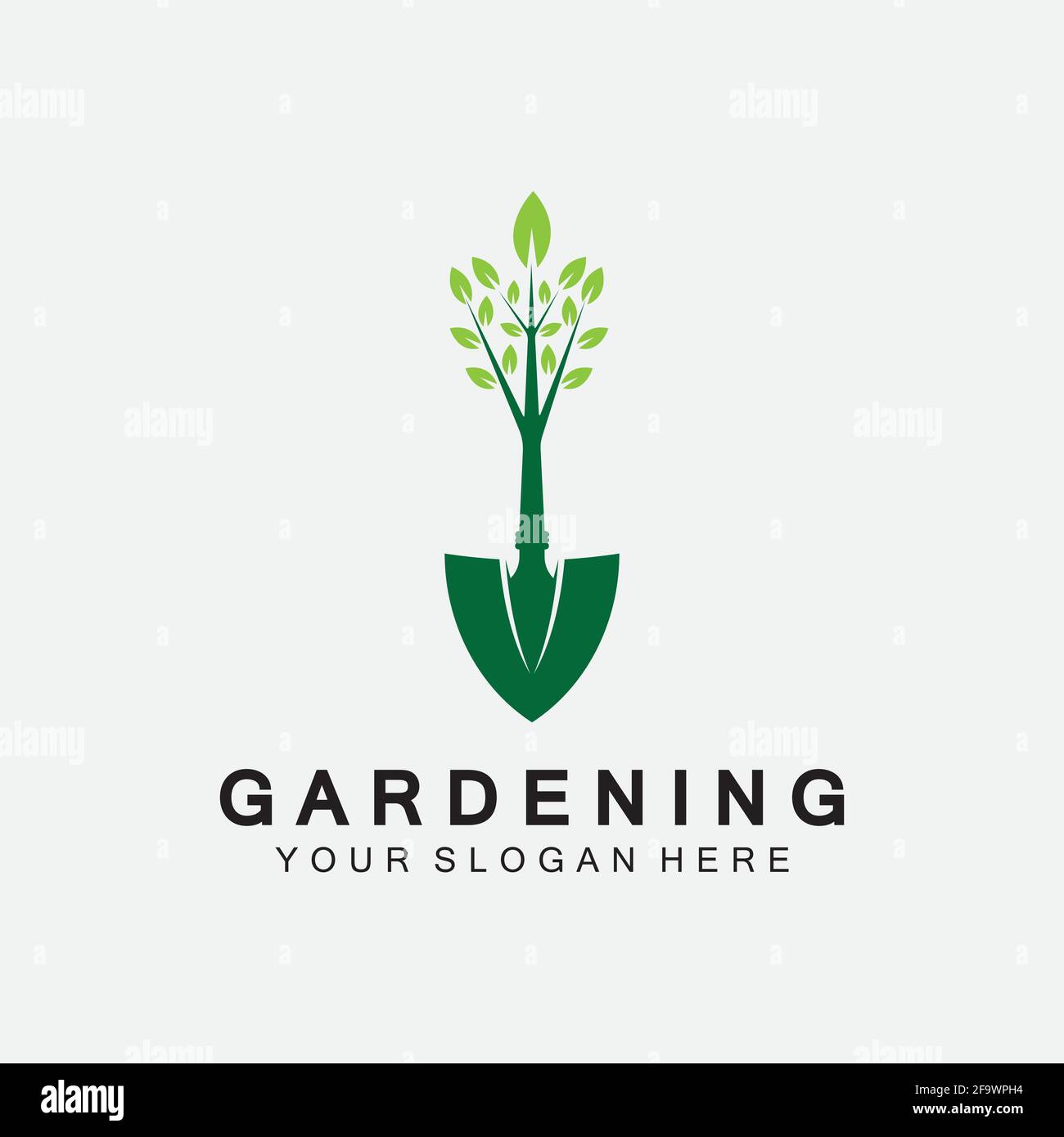 Gardening logo with shovel icon and tree with green leaves logo ...