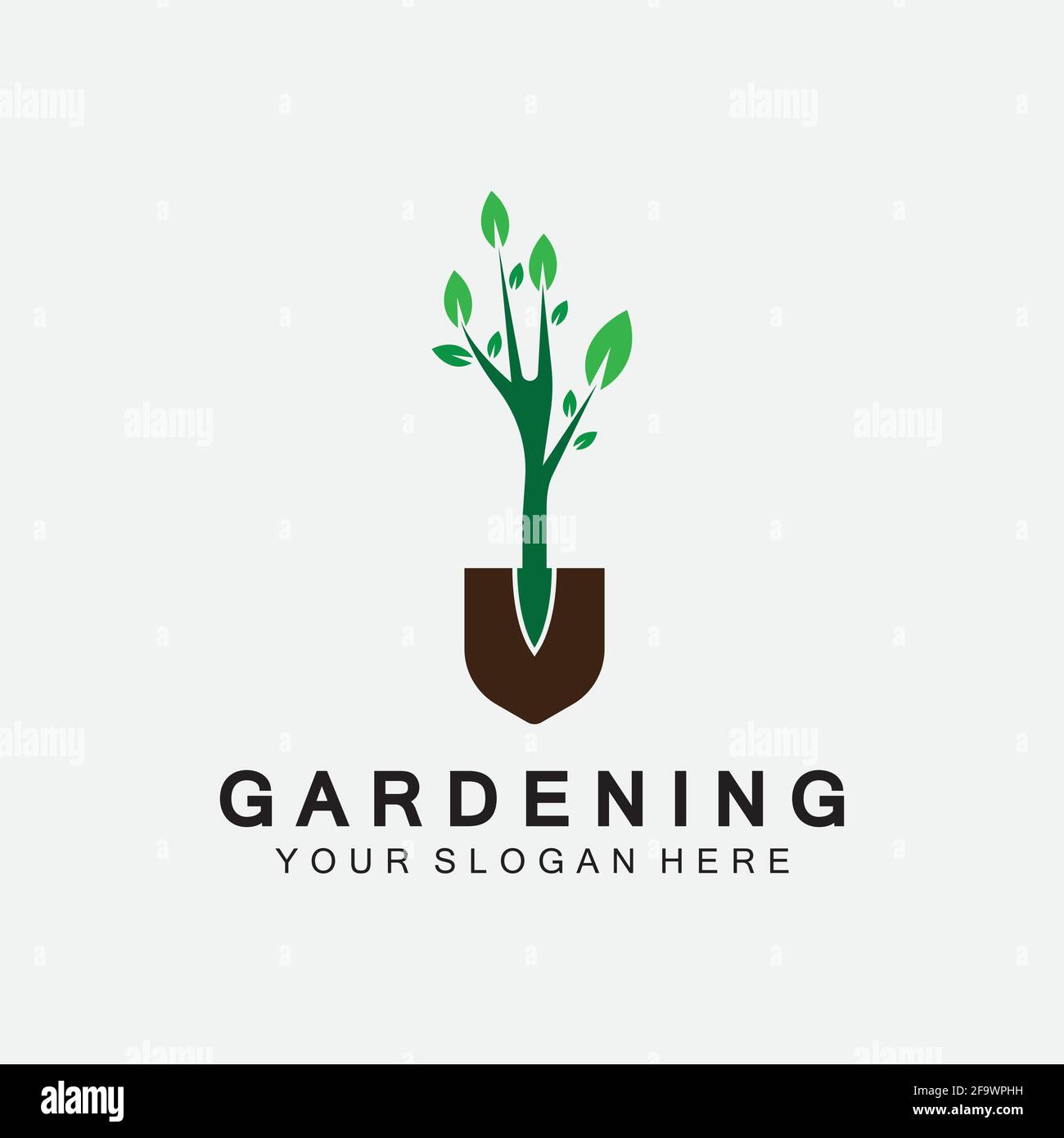 Gardening logo with shovel icon and tree with green leaves logo ...