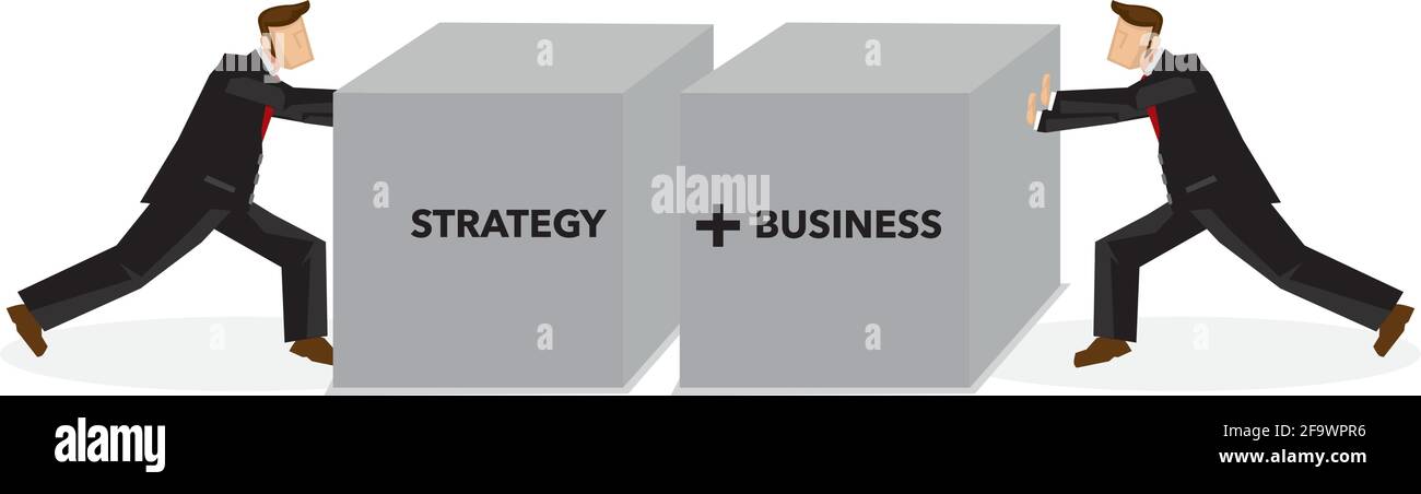 Businessmen pushing two blocks together with strategy and business ...