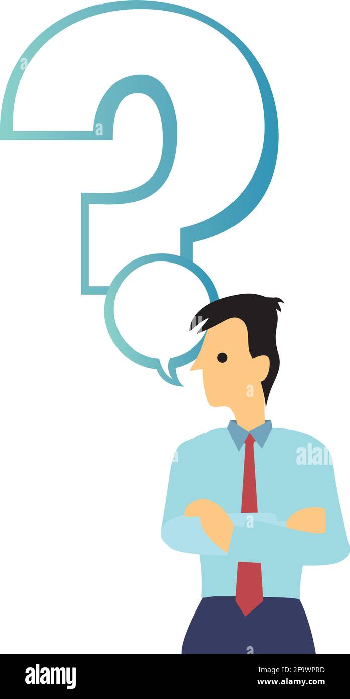 Cross arm businessman with a giant question mark. Flat vector ...