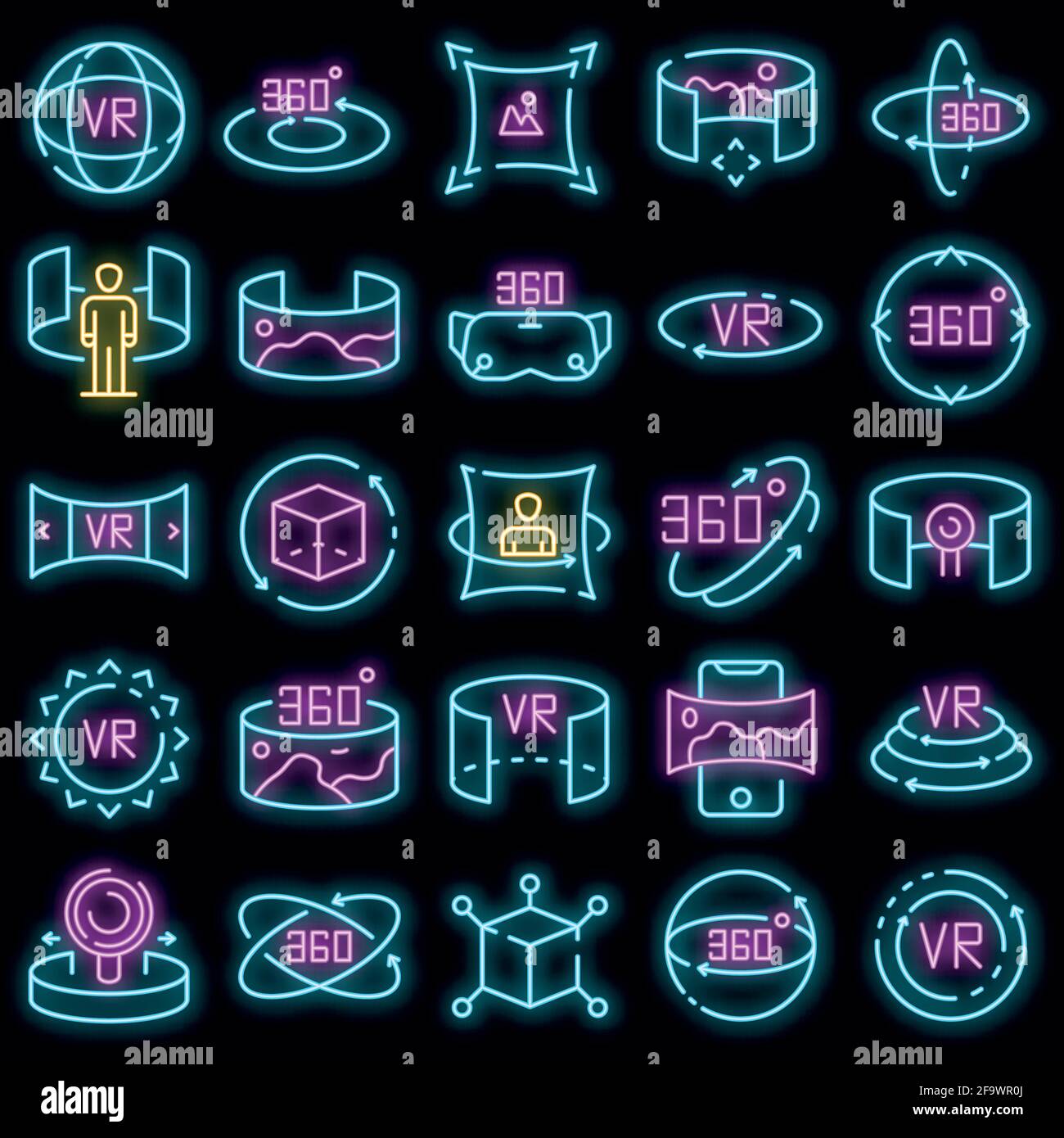 360 degrees icons set. Outline set of 360 degrees vector icons neon ...