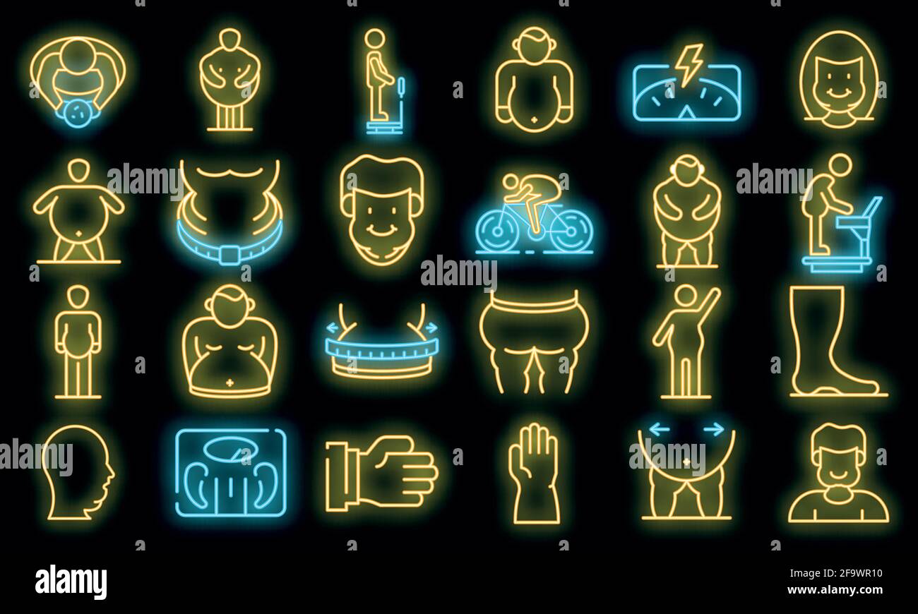 Overweight icons set. Outline set of overweight vector icons neon color ...