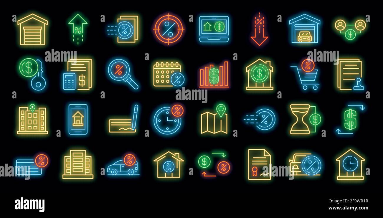 Lease icons set. Outline set of lease vector icons neon color on white ...