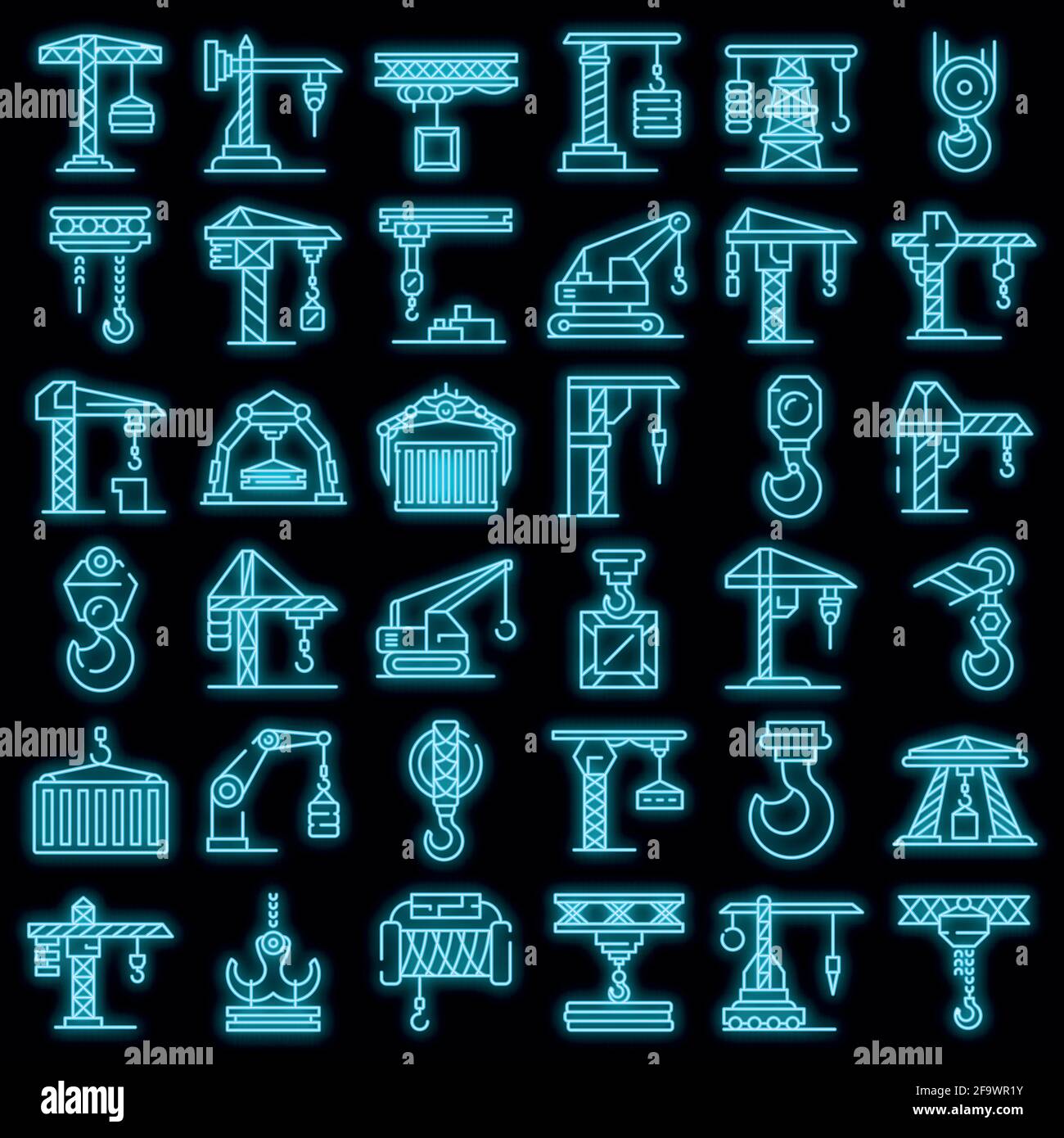 Crane icons set. Outline set of crane vector icons neon color on white ...