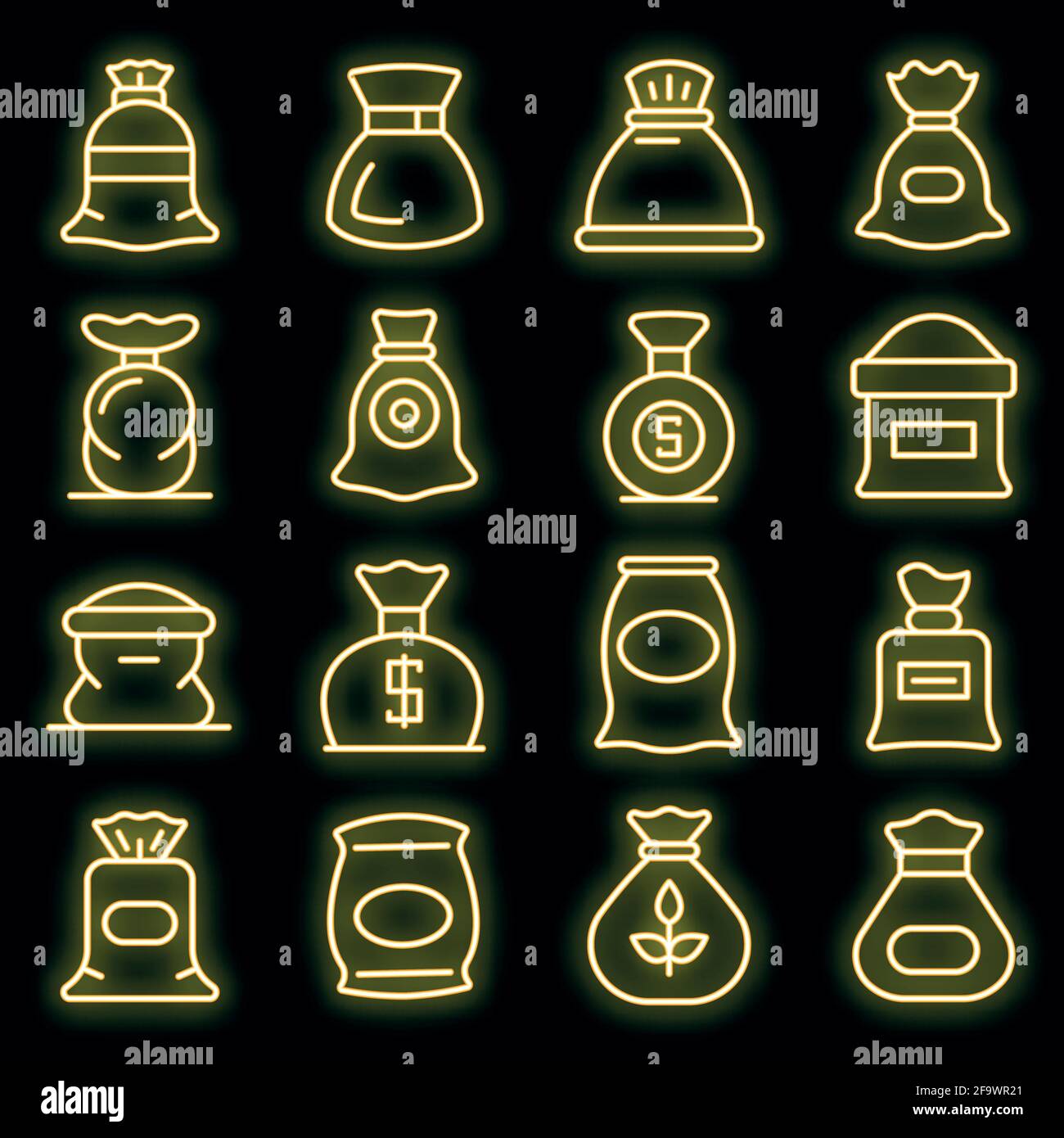 Sack icons set. Outline set of sack vector icons neon color on white ...