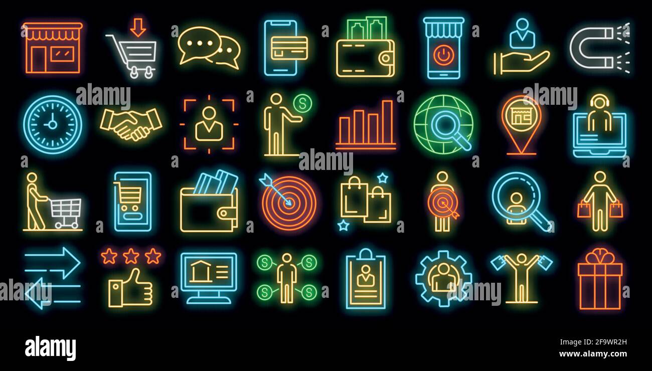 Buyer icons set. Outline set of buyer vector icons neon color on white ...