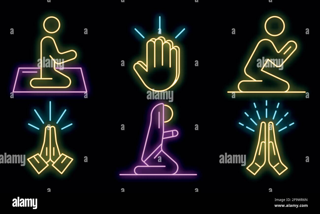 Prayer icons set. Outline set of prayer vector icons neon color on ...