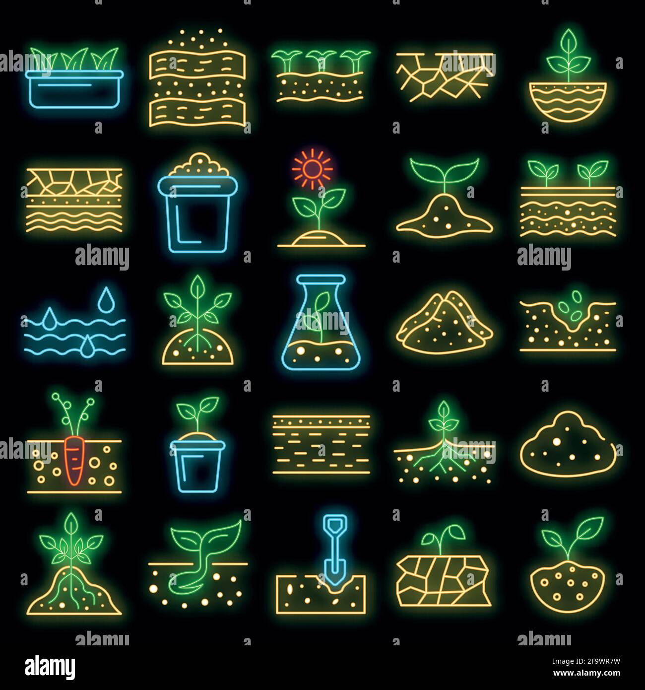 Soil ground icons set. Outline set of soil ground vector icons neon ...