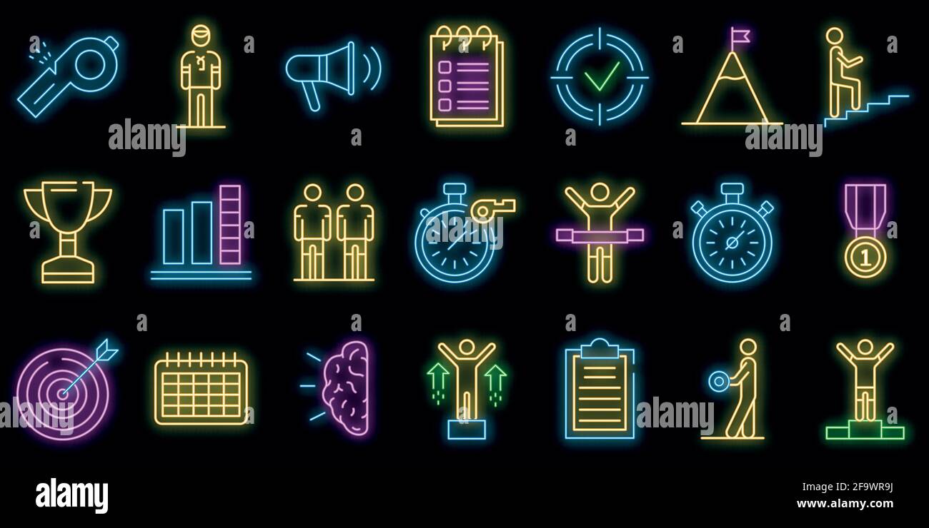 Coach icons set. Outline set of coach vector icons neon color on white ...