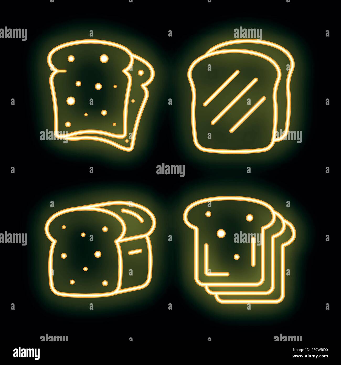 Toast icons set. Outline set of toast vector icons neon color on white ...