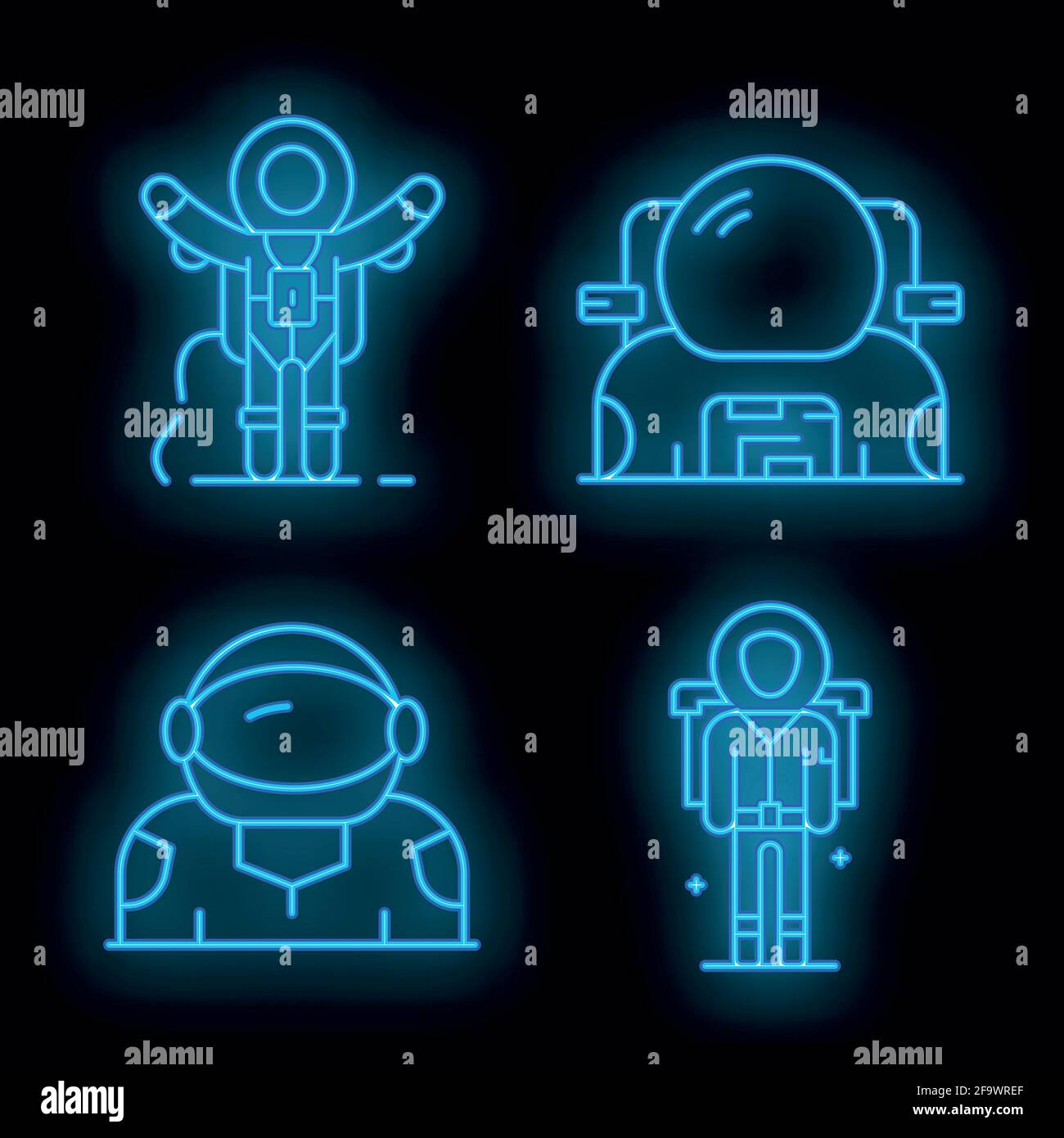 Astronaut icons set. Outline set of astronaut vector icons neon color ...