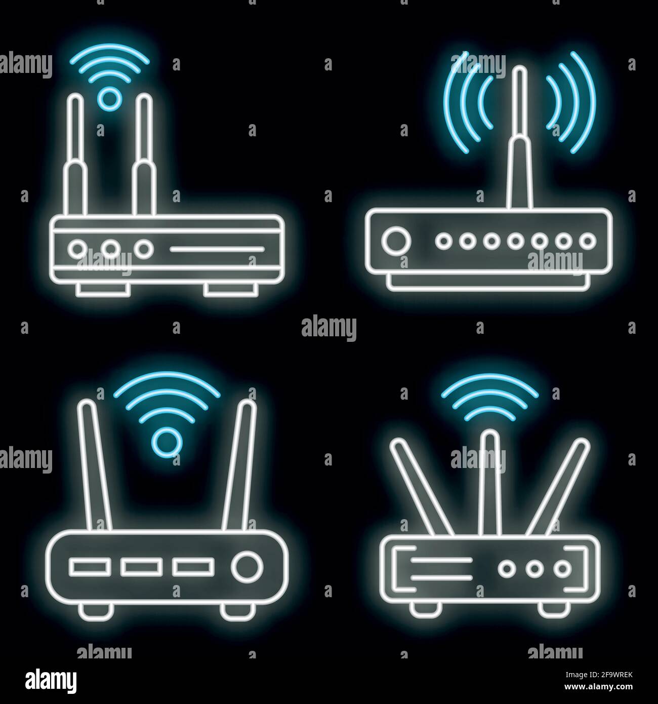 Router icons set. Outline set of router vector icons neon color on ...