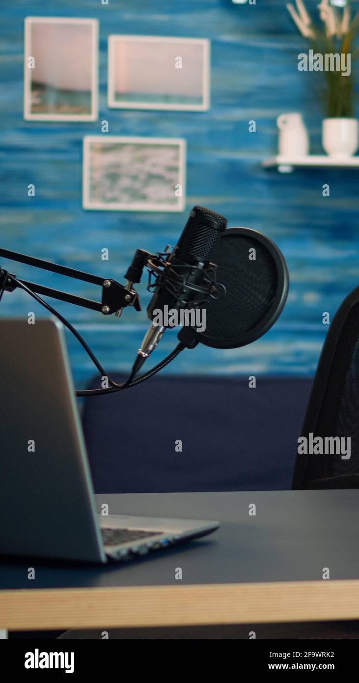 Empty podcast room with professional microphone in vlogger home studio ...