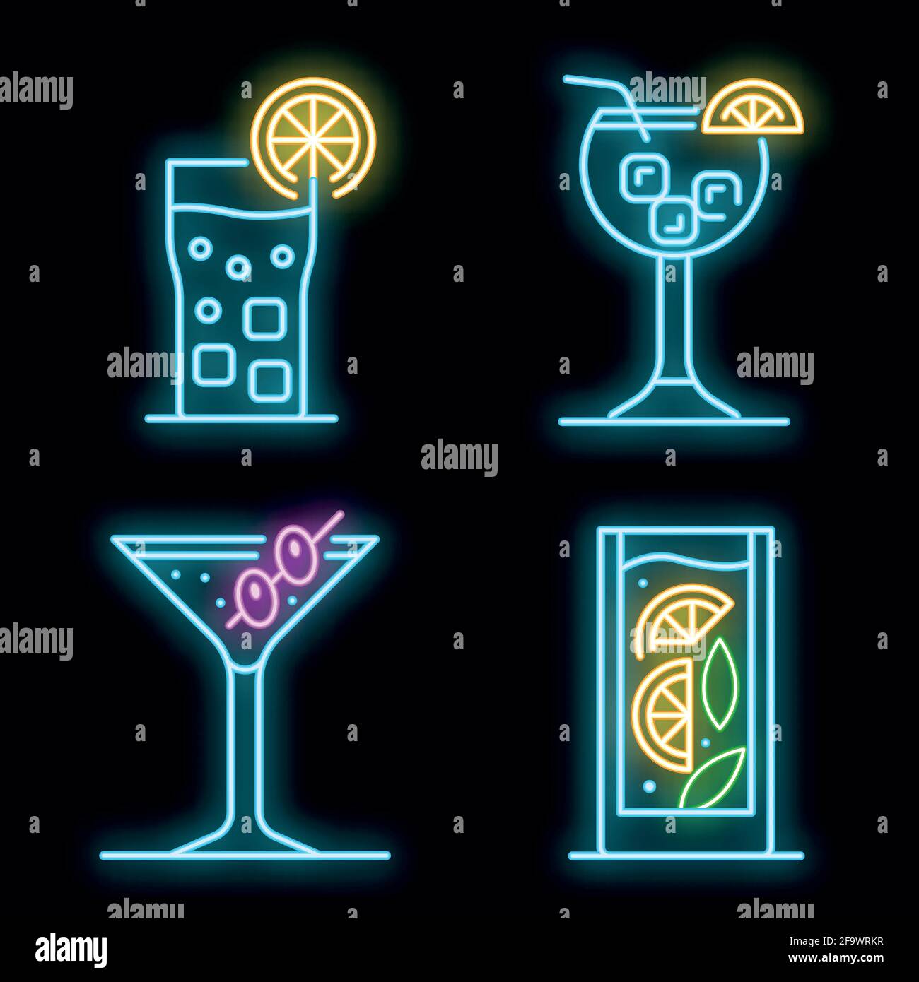 Cocktail Icons Set Outline Set Of Cocktail Vector Icons Neon Color On