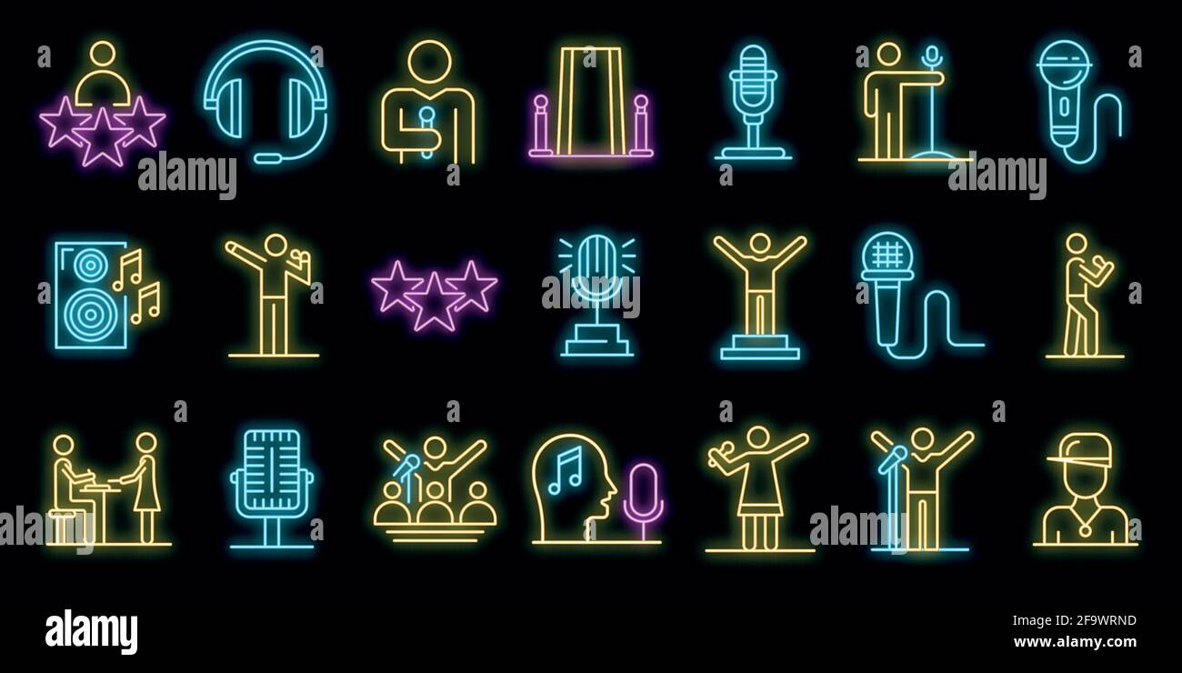 Singer icons set. Outline set of singer vector icons neon color on ...