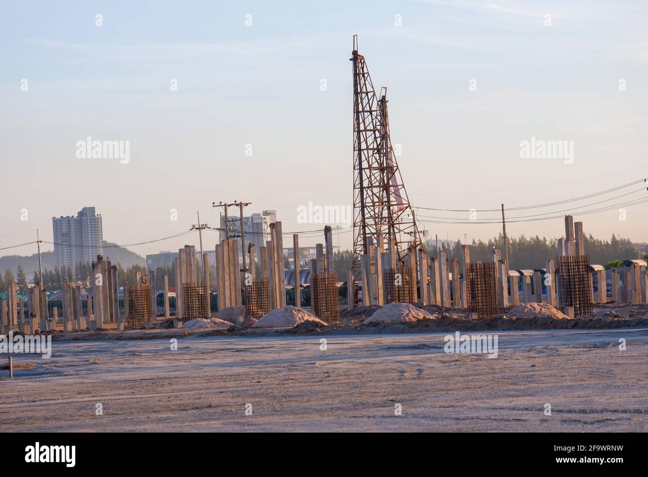 Piling for deep foundations Tower crane on the construction site Crane ...