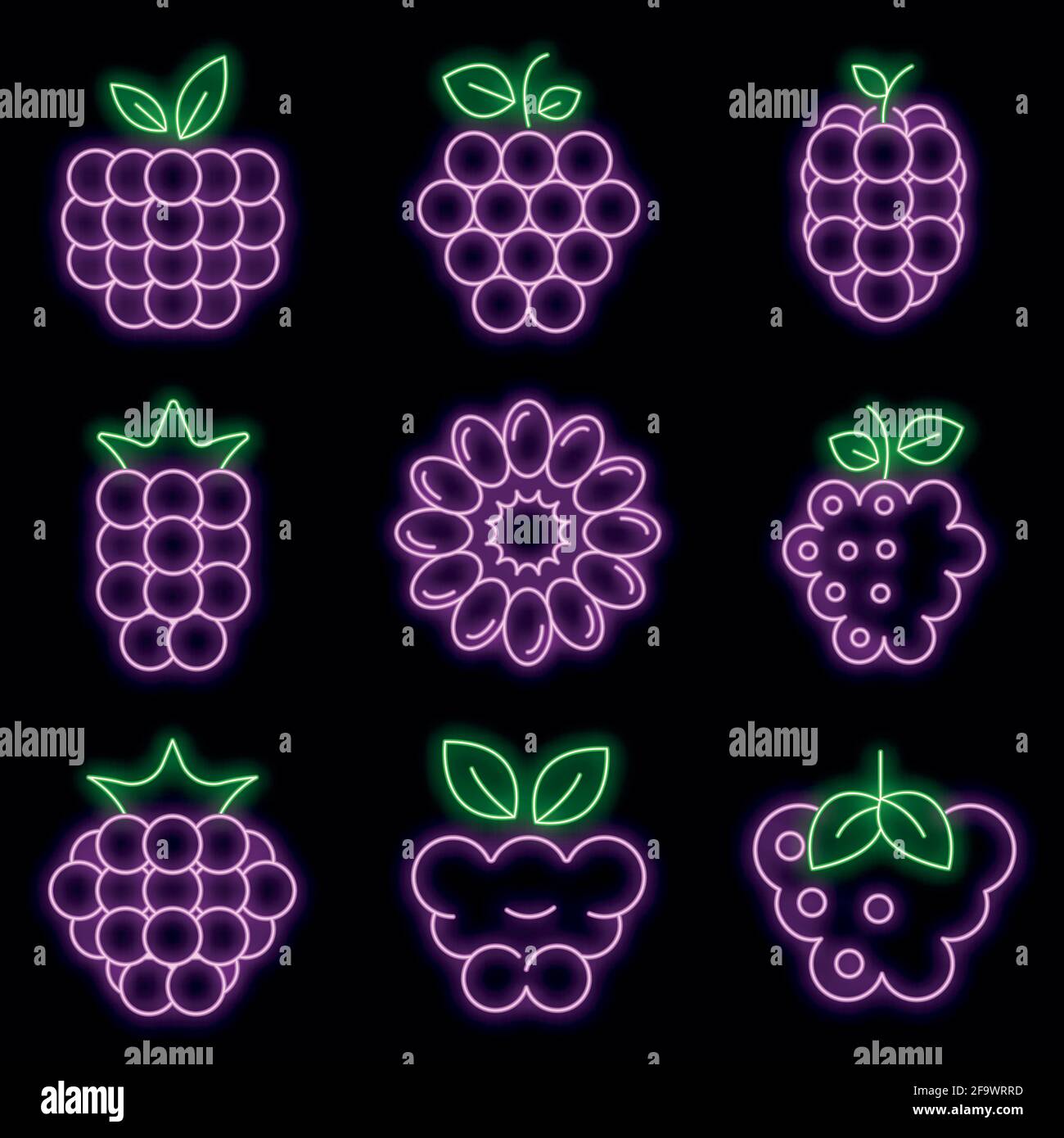 Raspberry icons set. Outline set of raspberry vector icons neon color ...