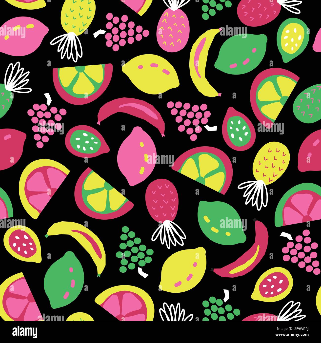 Fruit seamless vector pattern black green yellow pink. Repeating ...