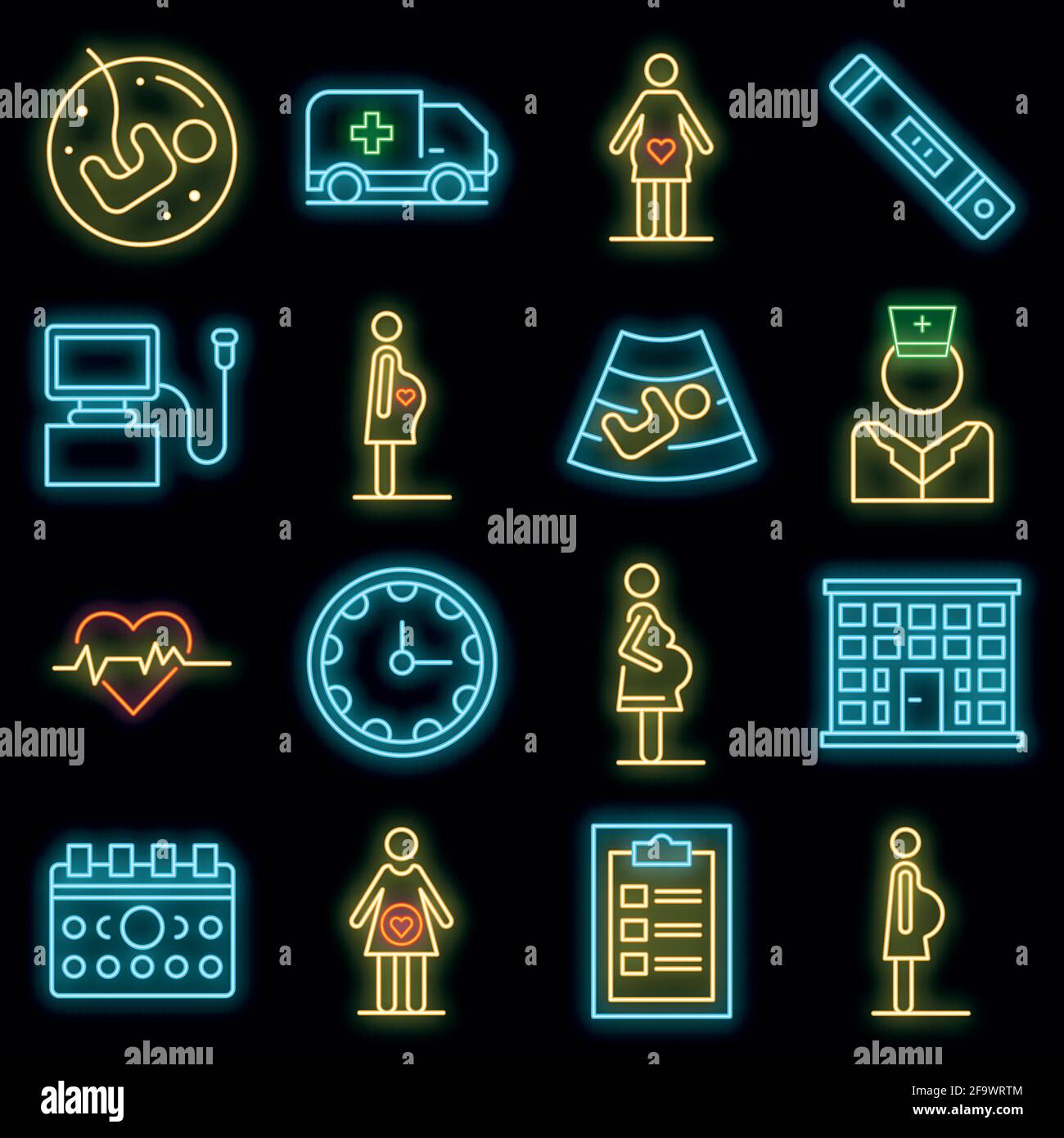 Pregnant icons set. Outline set of pregnant vector icons neon color on ...