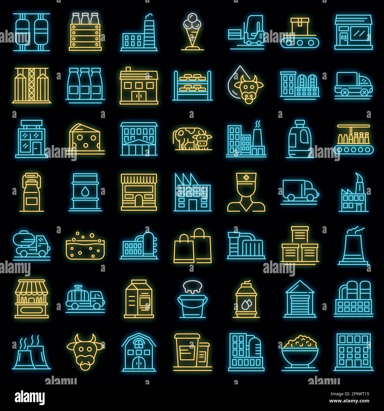 Milk factory icons set. Outline set of milk factory vector icons neon ...