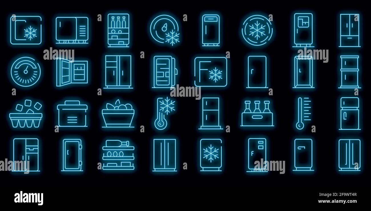 Fridge icons set. Outline set of fridge vector icons neon color on ...