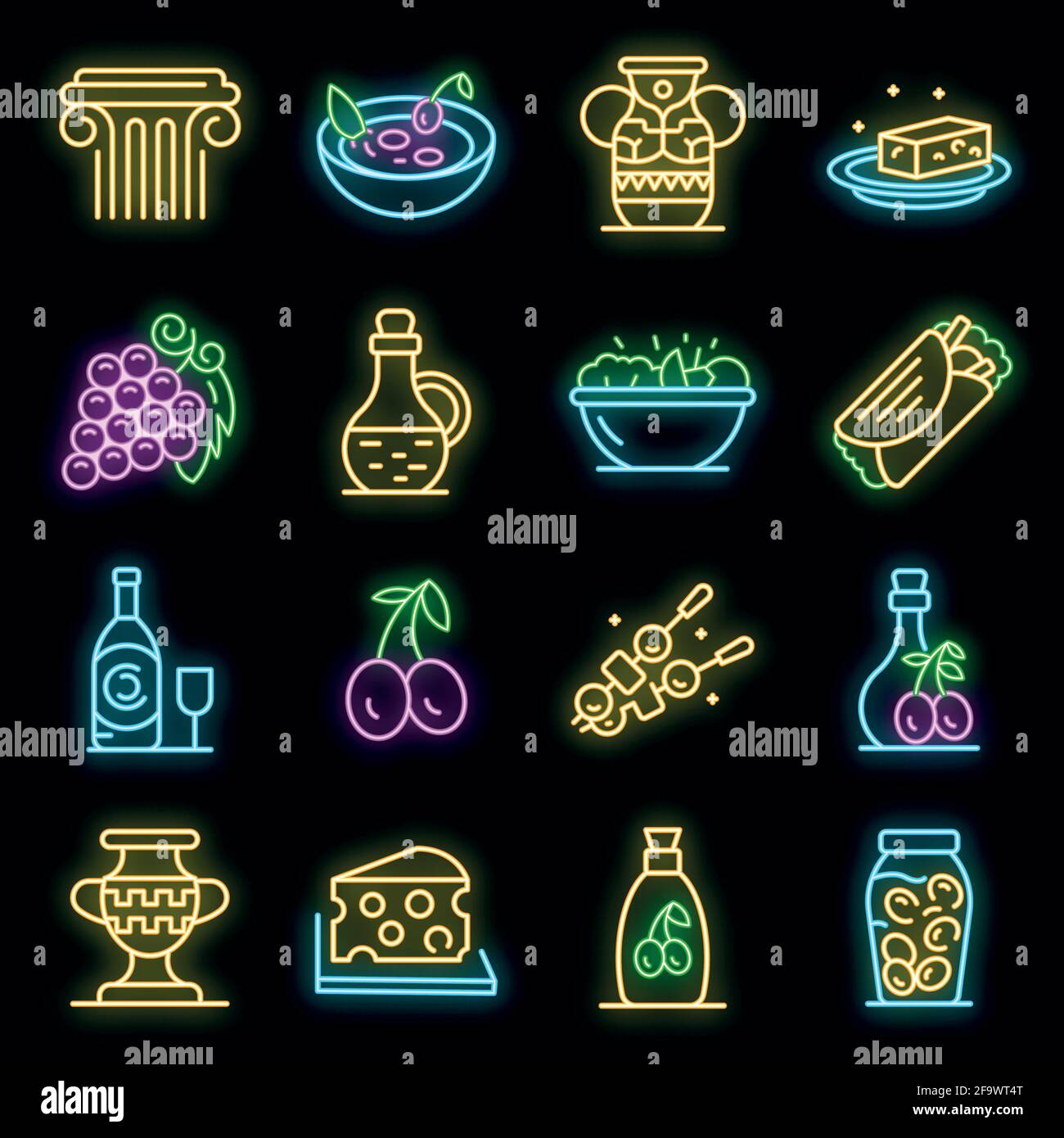 Greek cuisine icons set. Outline set of Greek cuisine vector icons neon ...