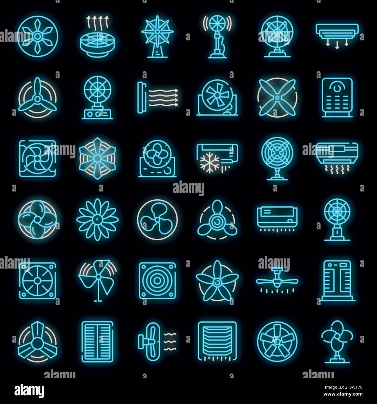 Ventilator icons set. Outline set of ventilator vector icons neon color ...