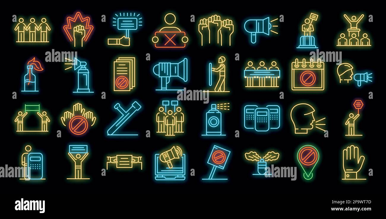 Protest icons set. Outline set of protest vector icons neon color on ...