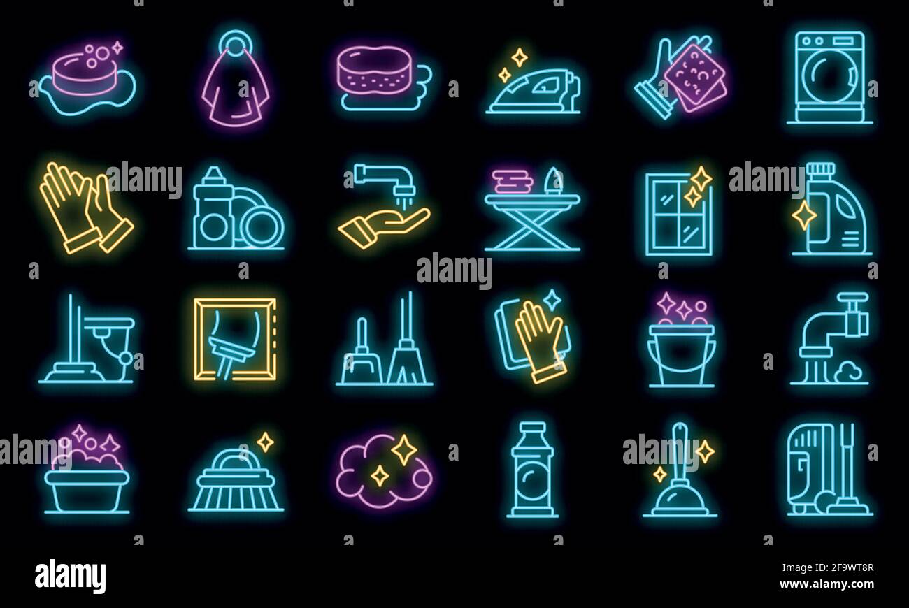 Housekeeping icons set. Outline set of housekeeping vector icons neon ...