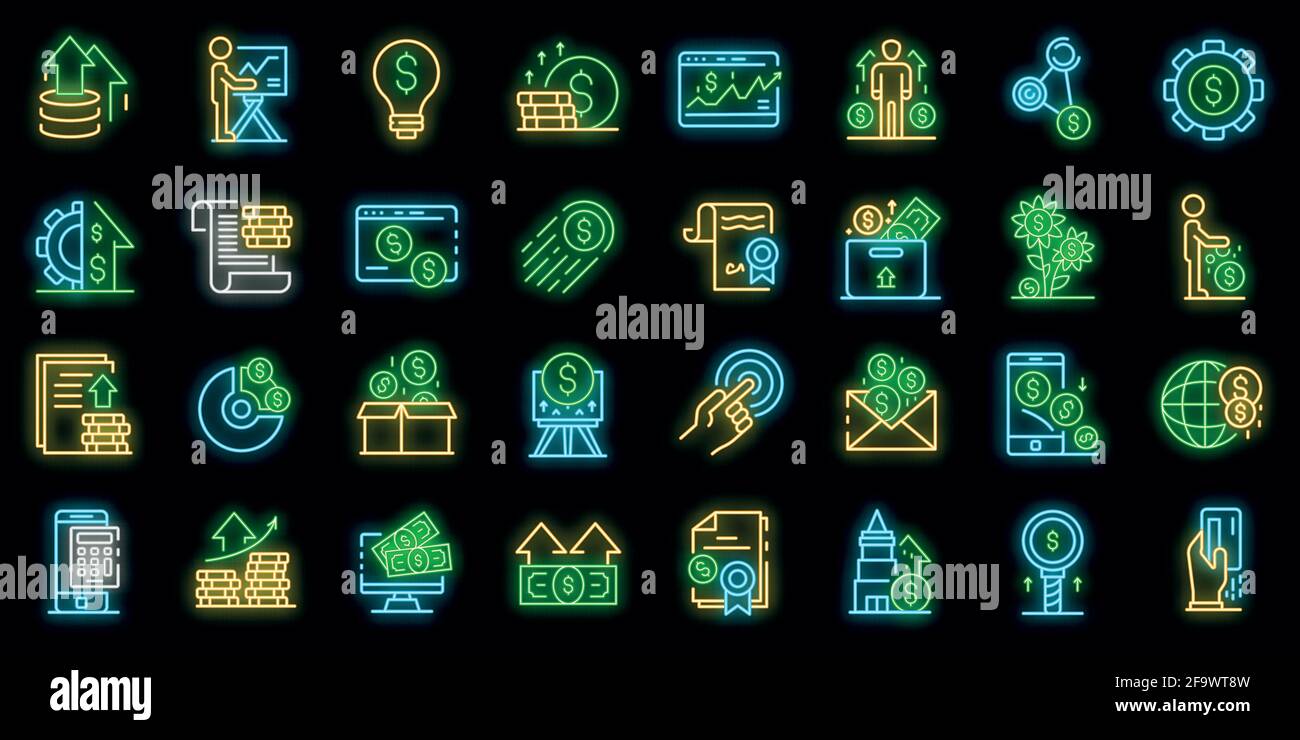 Investor icons set. Outline set of investor vector icons neon color on ...