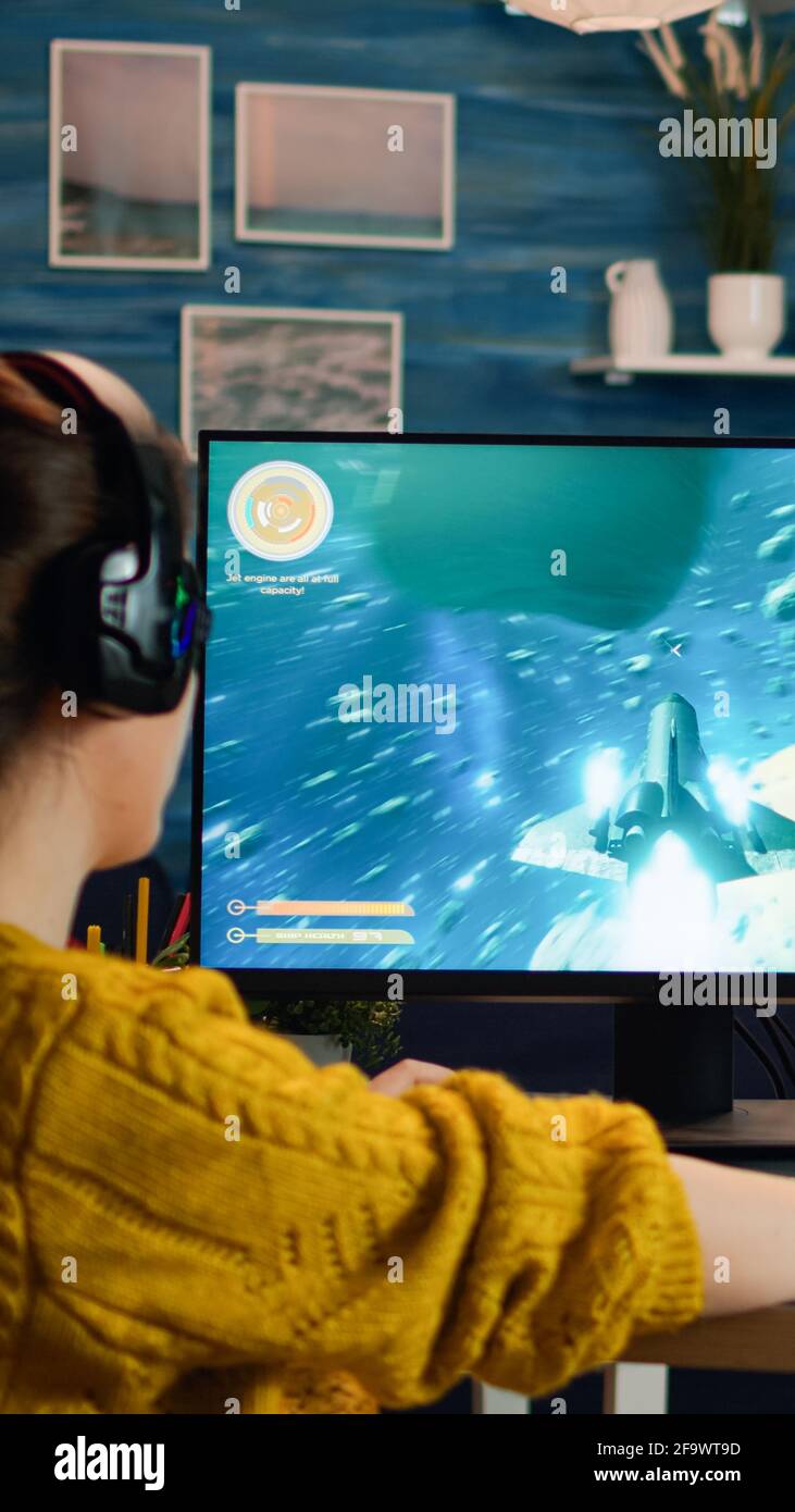 Professional esports gamer playing shooter mock-up video game with new ...