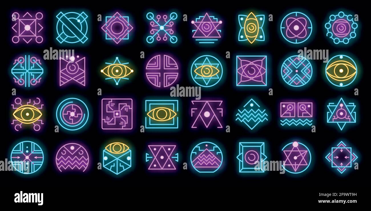 Alchemy icons set. Outline set of alchemy vector icons neon color on ...