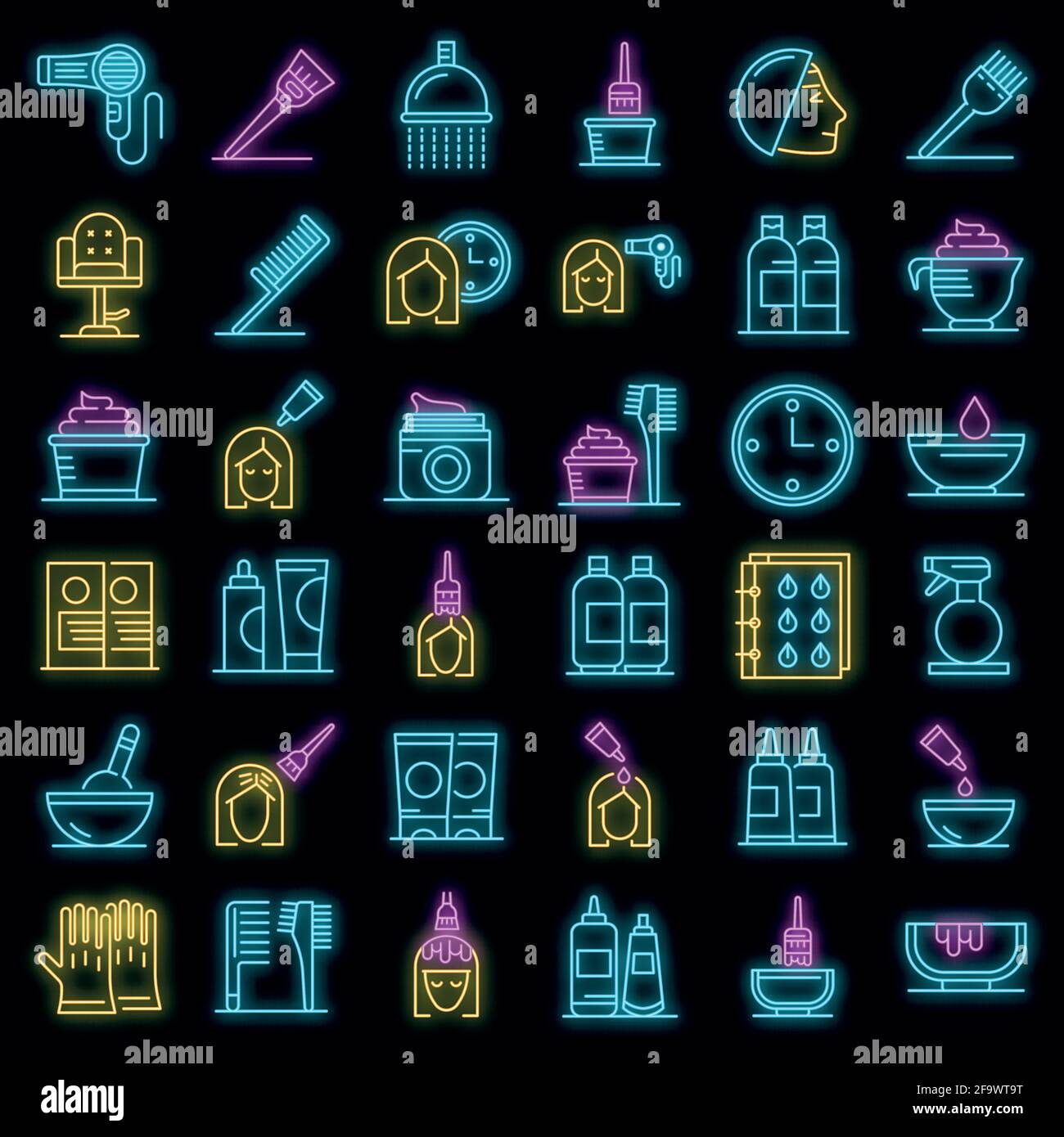 Hair dye icons set. Outline set of hair dye vector icons neon color on ...