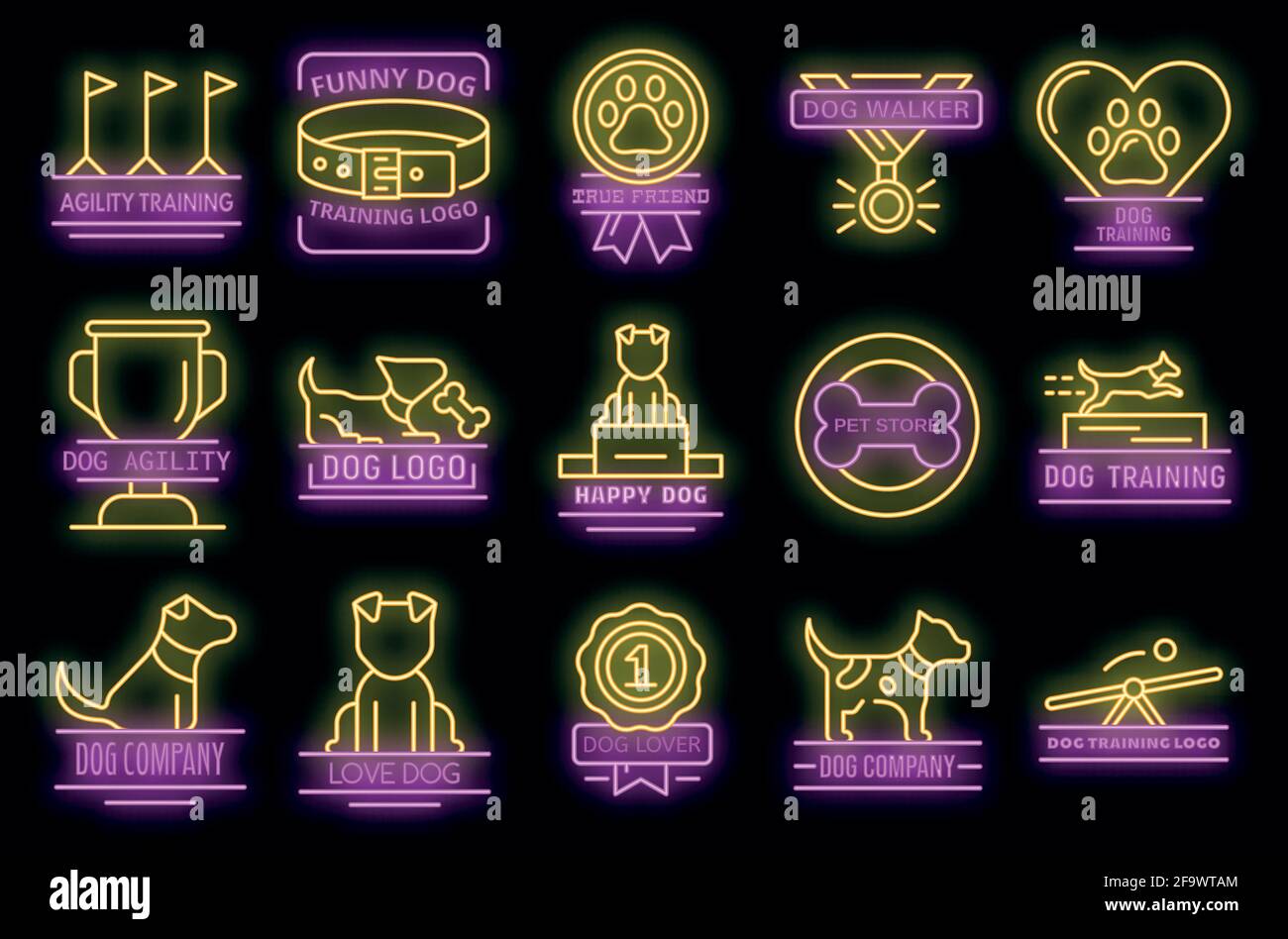 Dog training icons set. Outline set of dog training vector icons neon ...